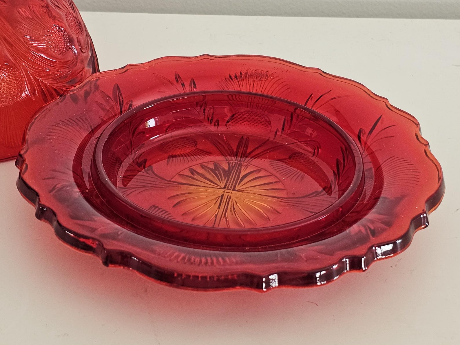 Vintage Mosser Ruby Red Inverted Thistle Cadmium Glass Domed Butter ...