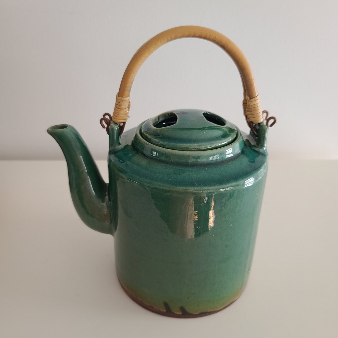 Vintage Stoneware Teapot With Bamboo Handles Blue Green Teal Glazed ...