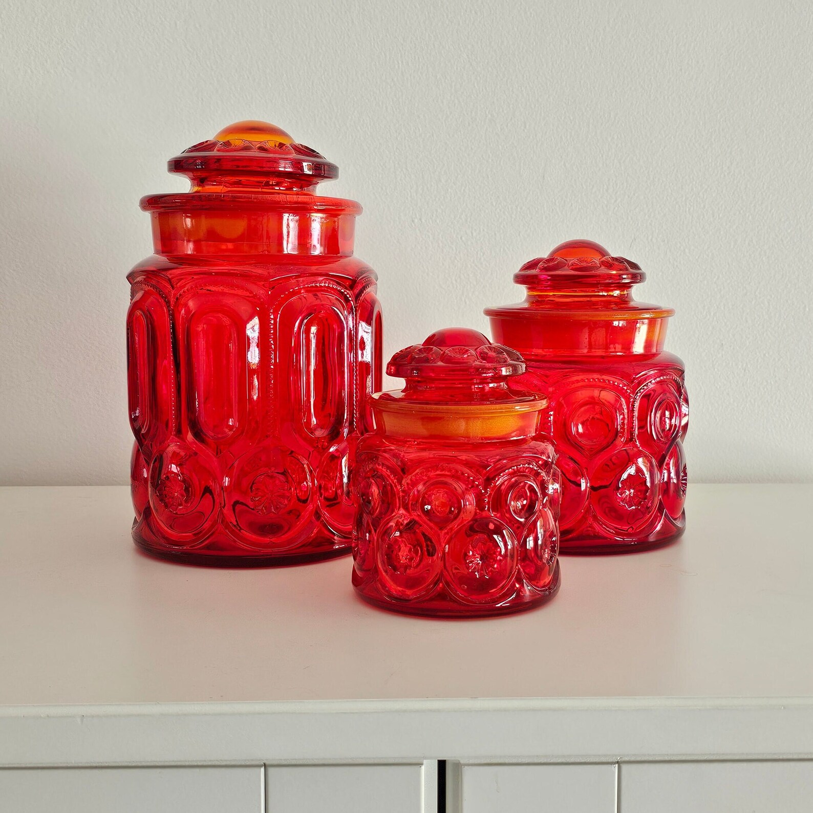 LE Smith Moon and Stars Amberina Ruby Red Glass Canister Set With Lids ...