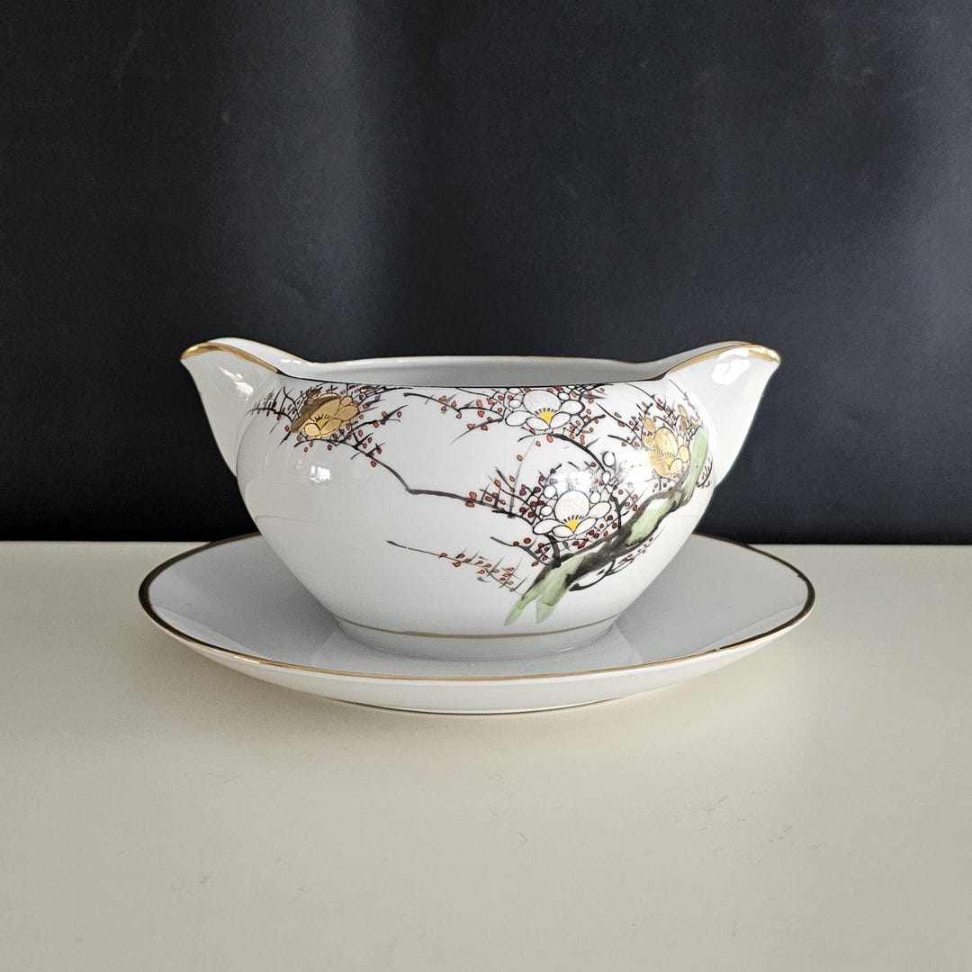 Vintage Japanese Gravy Boat With Saucer, Handpainted Cherry Blossom ...
