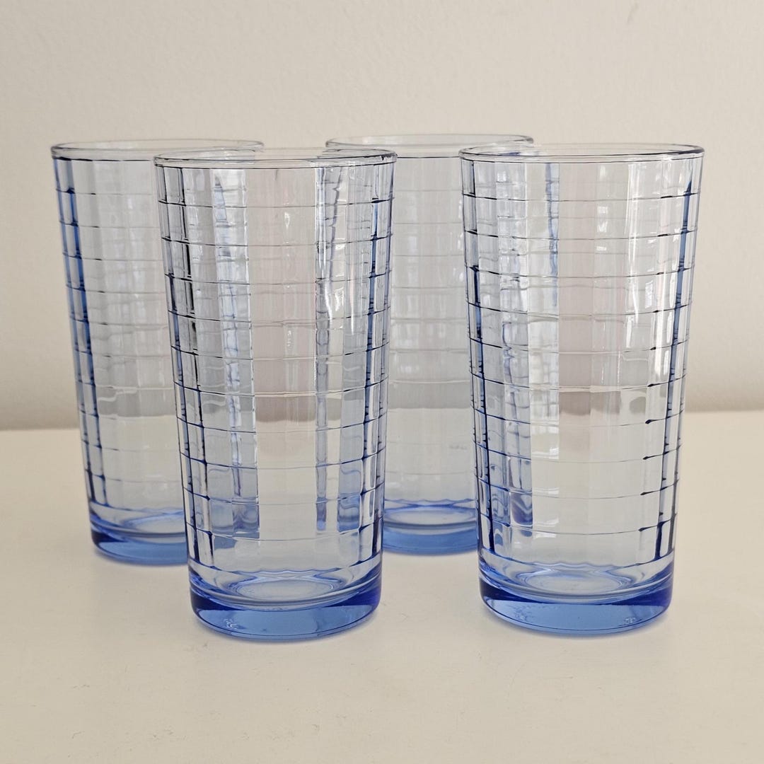 Vintage Pasabahce Optic Blue Tumblers: Turkish Block Design Glassware ...