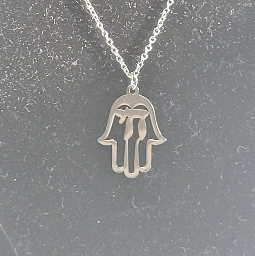 Stainless Steel Silver Hamsa With Chai Necklace - Etsy