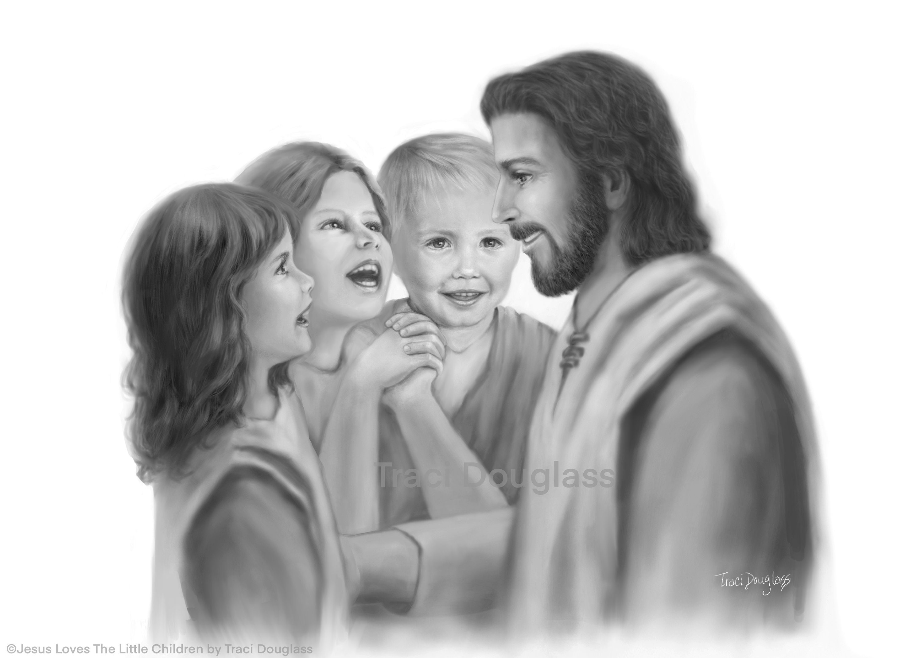 Drawing of Jesus With Children Print, Black and White Print, Pencil ...