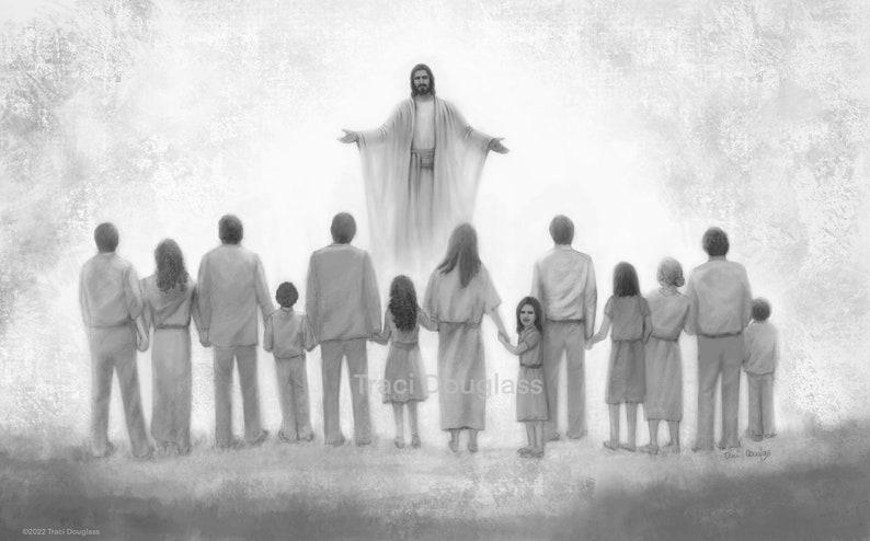 Jesus Christ Drawing Print in Heaven Arms Outstretched and People ...
