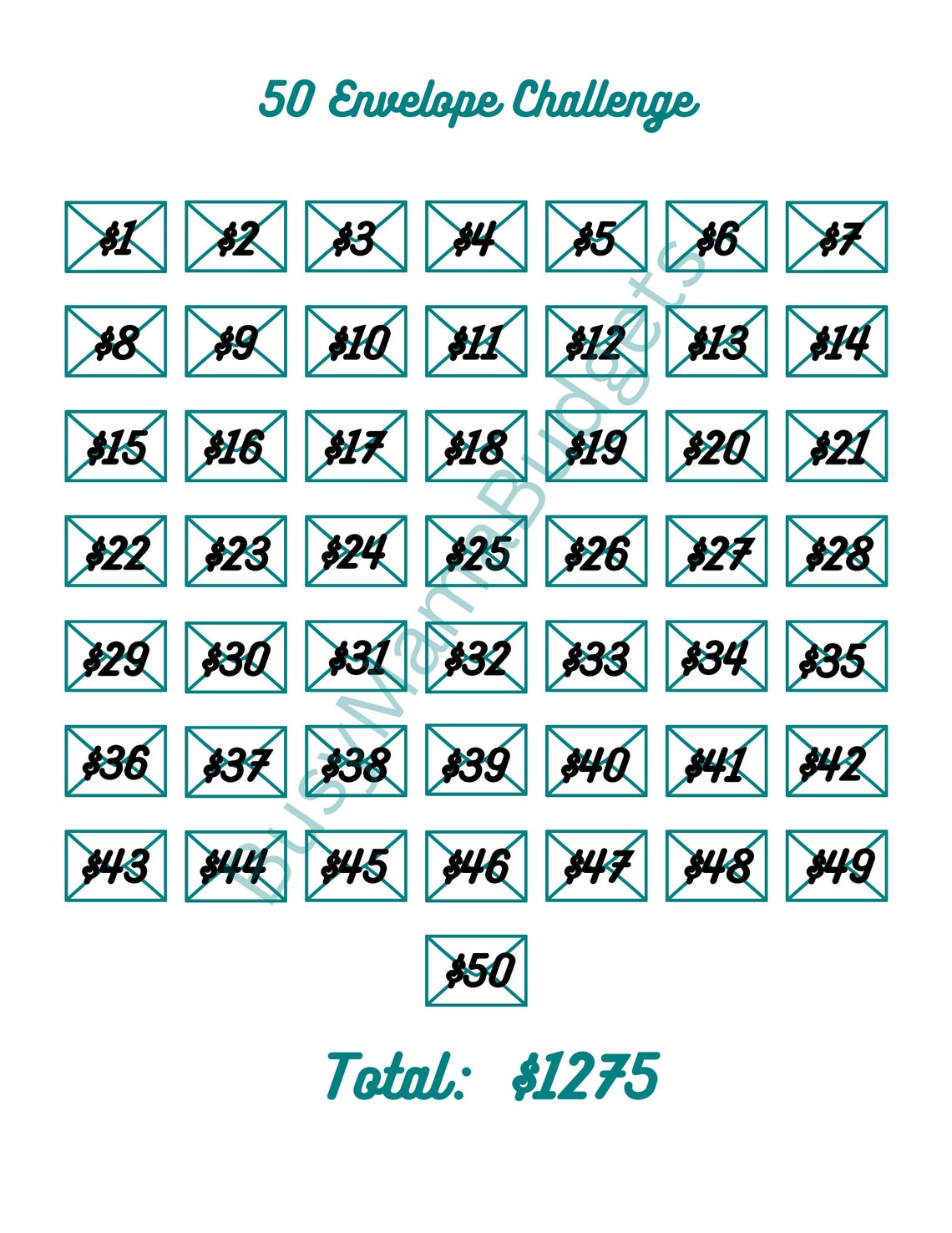 50 Envelope Challenge Printable, Affordable Envelope Challenge, Savings ...