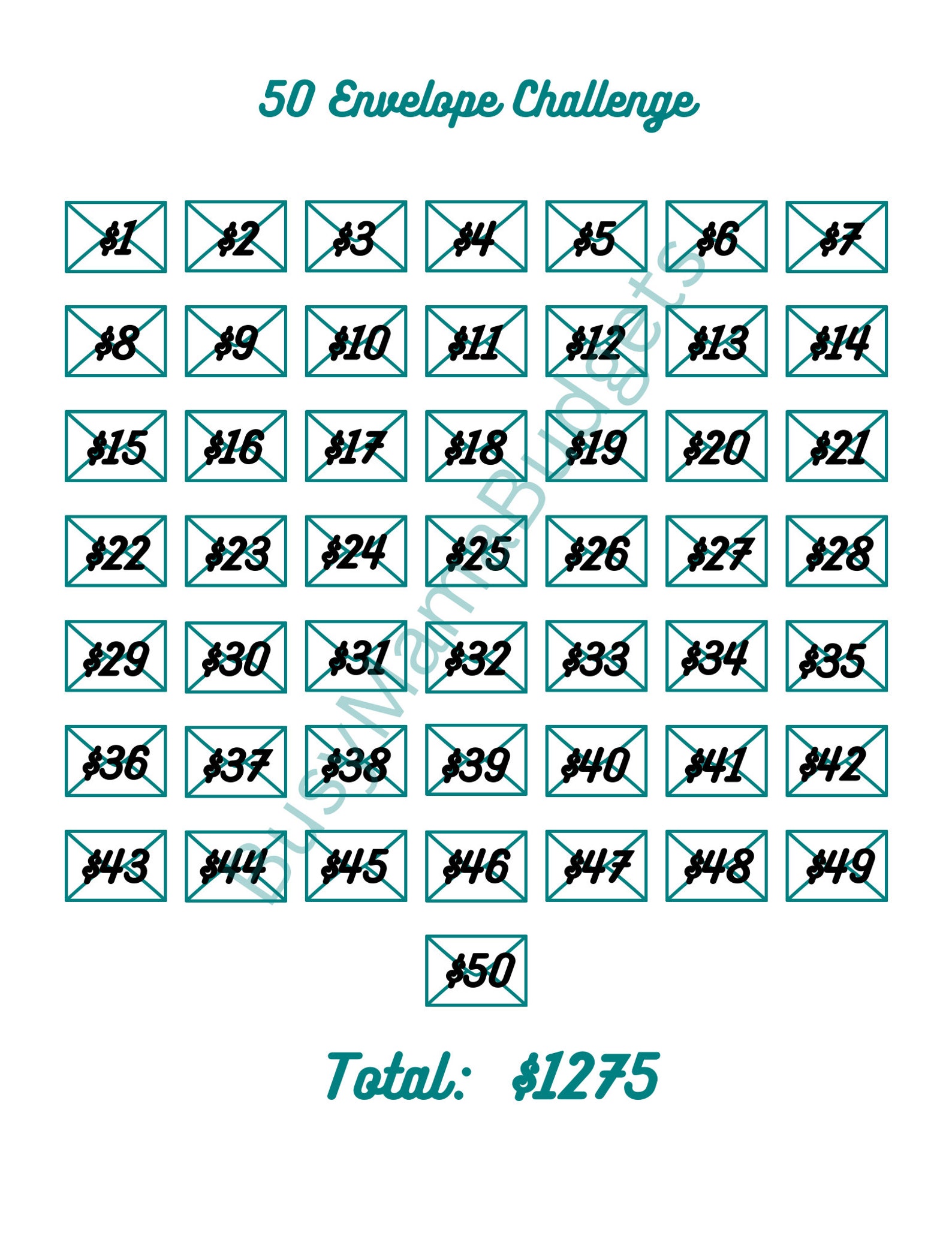 50 Envelope Challenge Printable, Affordable Envelope Challenge, Savings ...