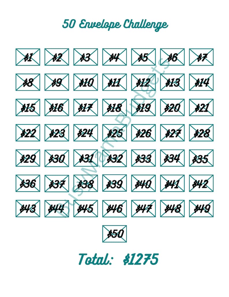 50 Envelope Challenge Printable, Affordable Envelope Challenge, Savings ...
