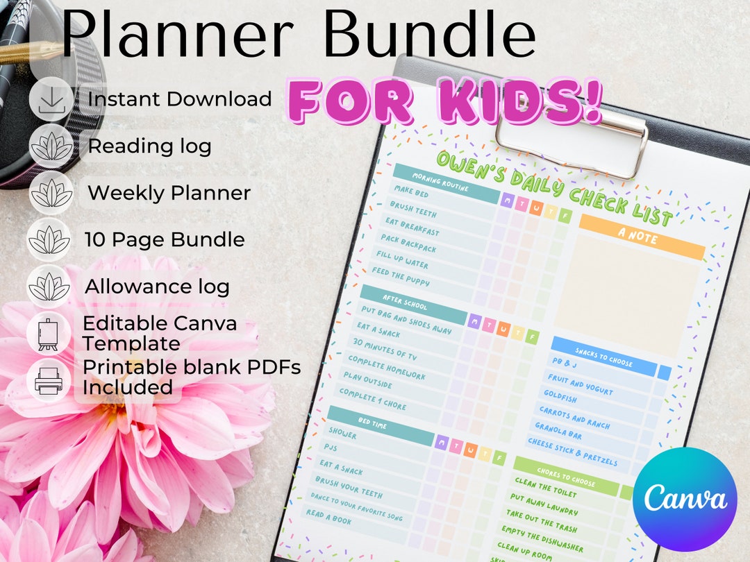 Kids Chore Chart, Kids Planner Bundle, Kids Chore Chart Printable, Kids ...