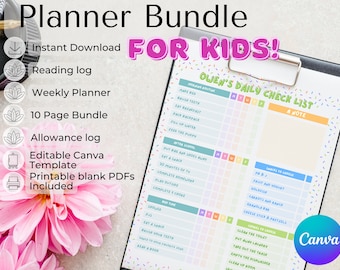 Kids Chore Chart, Kids Planner Bundle, Kids Chore Chart Printable, Kids ...