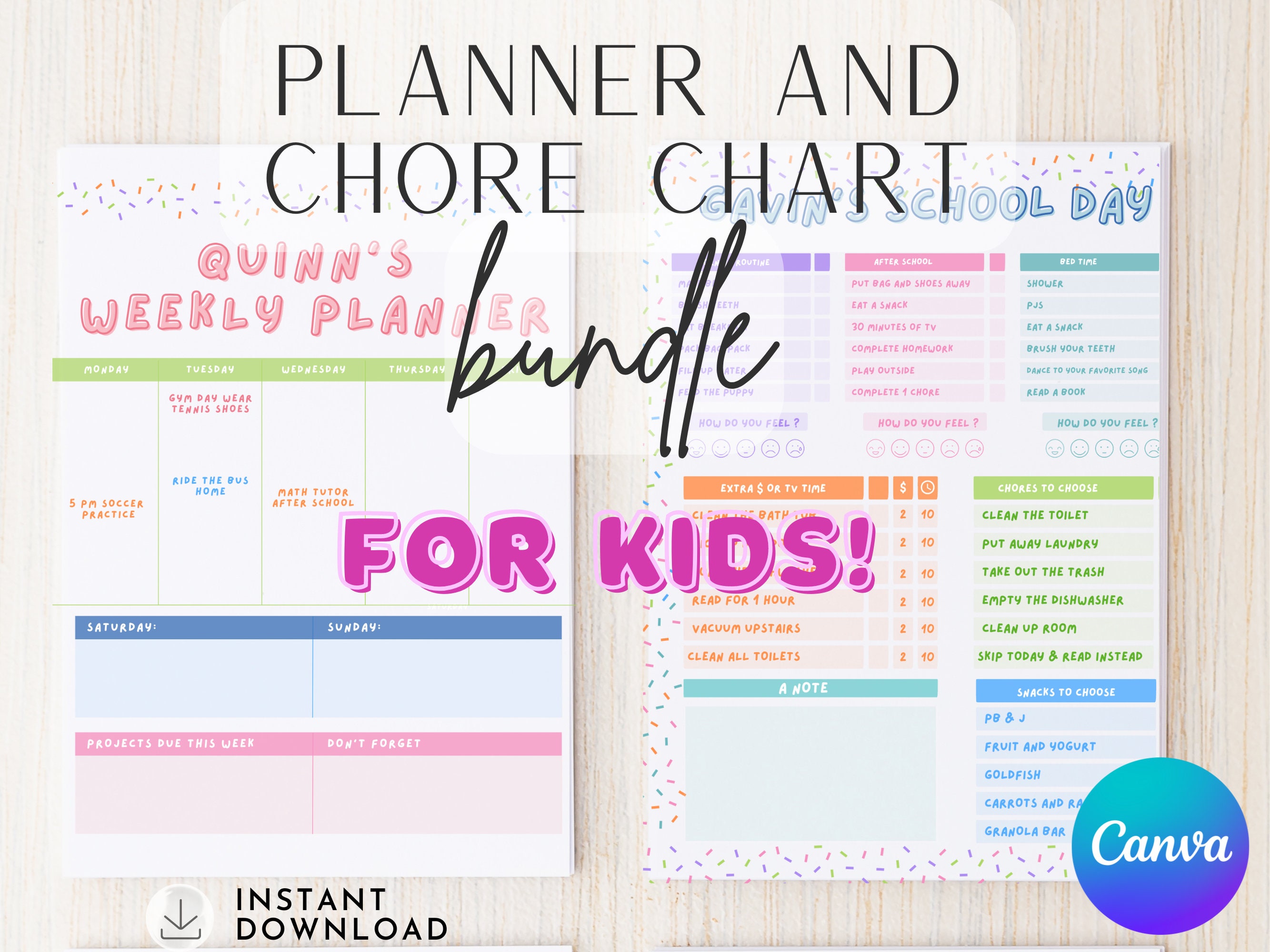 Kids Chore Chart, Kids Planner Bundle, Kids Chore Chart Printable, Kids ...