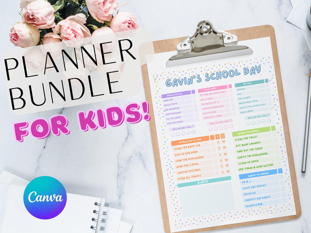 Kids Chore Chart, Kids Planner Bundle, Kids Chore Chart Printable, Kids ...