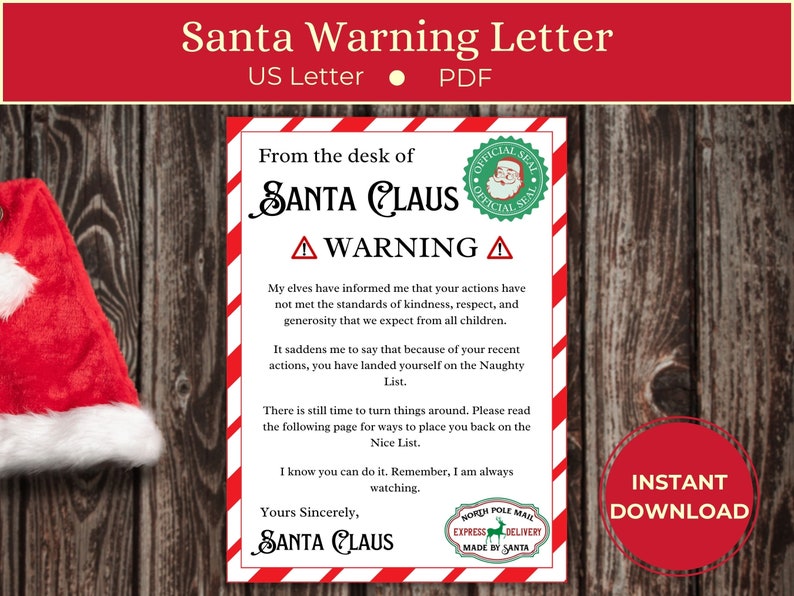 Santa Warning Letter, Letter From Santa, Christmas Printable, Instant ...