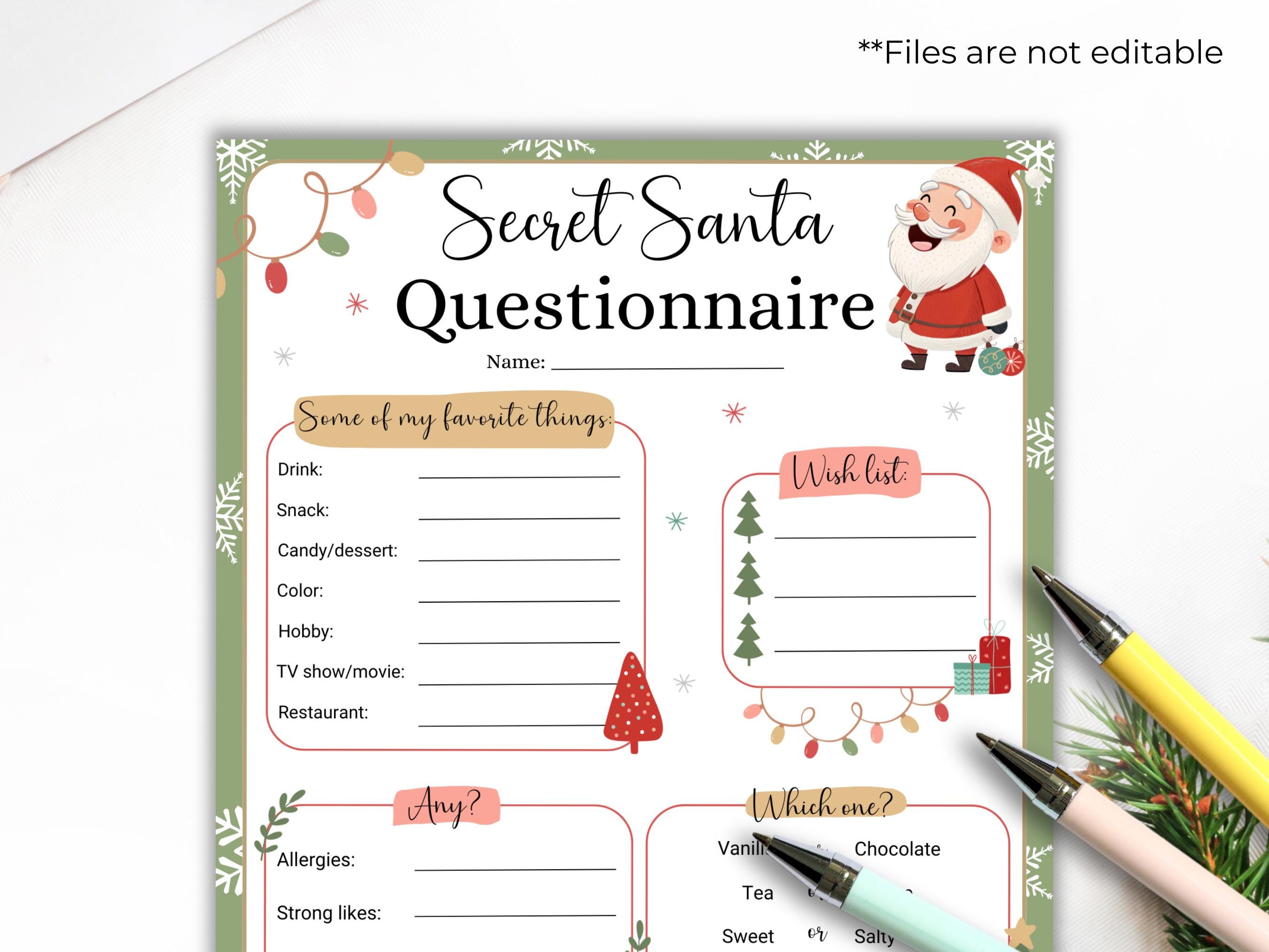 Secret Santa Questionnaire Printable, Secret Santa Questionnaire for ...