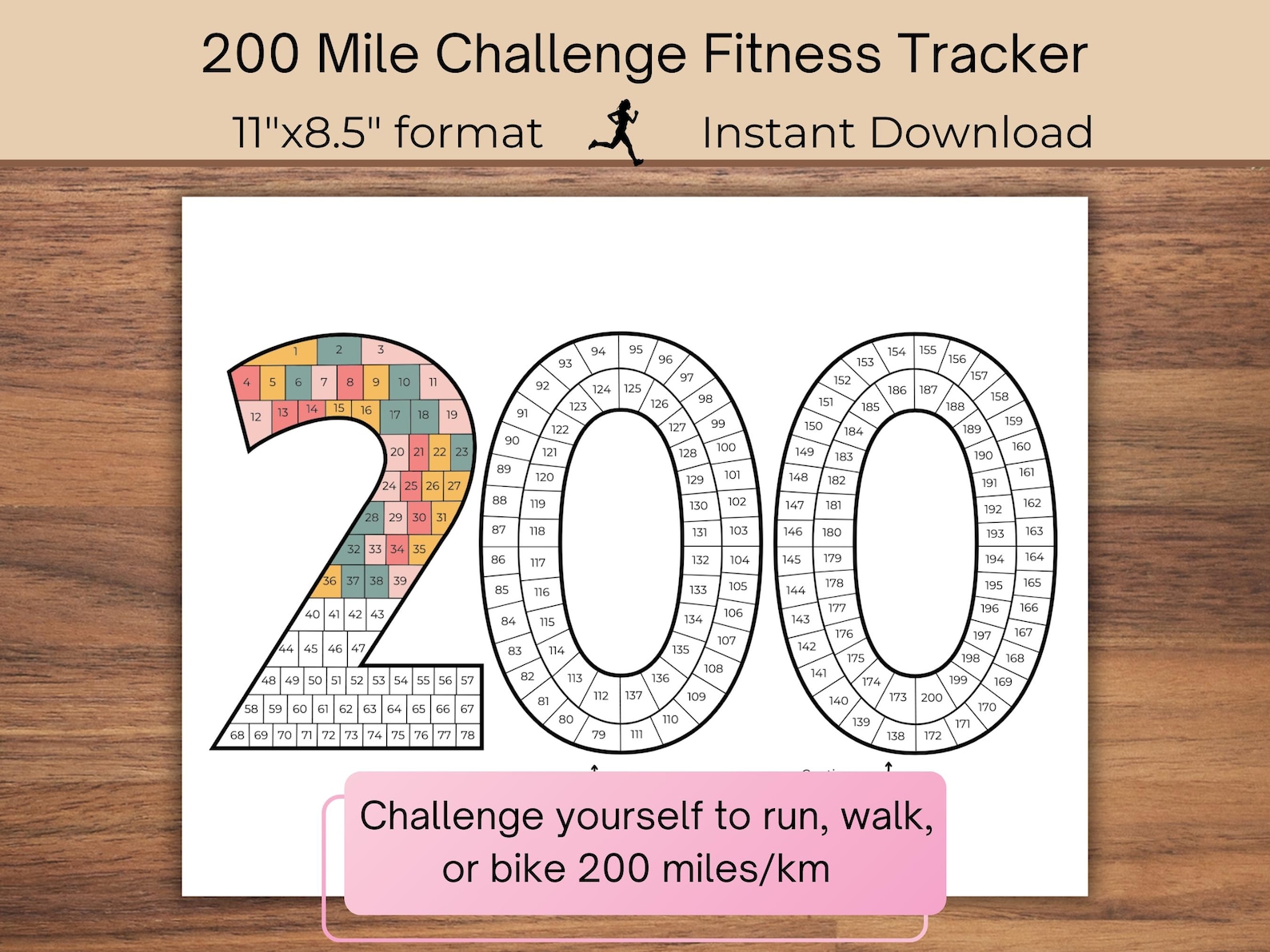 200 Mile Challenge Fitness Tracker | Goal Tracker | Exercise Tracker ...