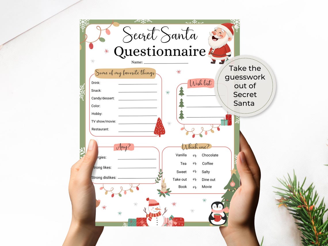 Secret Santa Questionnaire Printable, Secret Santa Questionnaire for ...