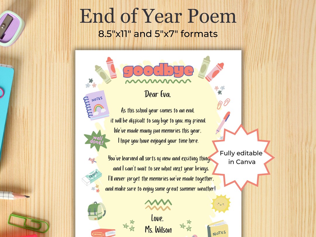 Editable End of Year Poem, End of Year Teacher, End of Year Letter, End ...