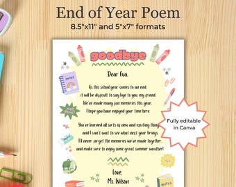 End of the Year Student Goodbye Letter Poem | Printable Teacher Handout ...
