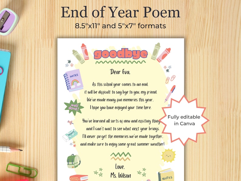 Editable End of Year Poem, End of Year Teacher, End of Year Letter, End ...