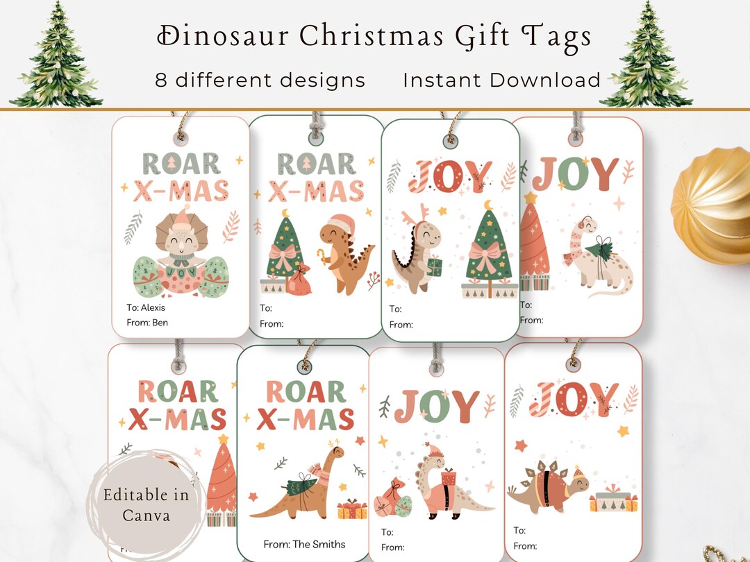 Editable Dinosaur Christmas Gift Tags, Kids Christmas Gift Tags, Cute ...