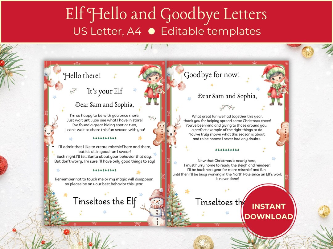 Elf Hello and Goodbye Letters Elf Letter Template Elf Arrival Letter ...