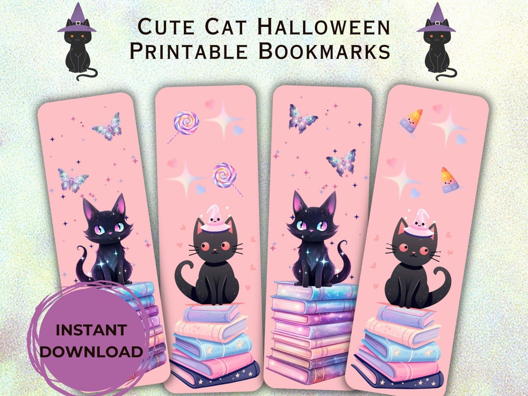 Cute Cat Halloween Printable Bookmarks, Book Accessories, Cat Bookmark ...