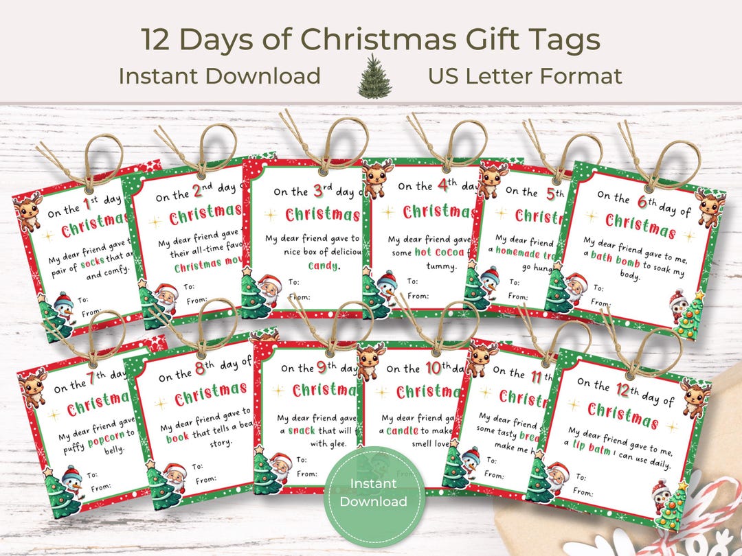 12 Days of Christmas Gift Tags, Christmas Countdown, Christmas ...