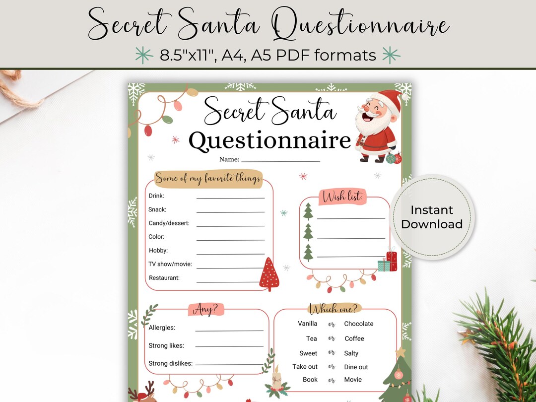 Secret Santa Questionnaire Printable, Secret Santa Questionnaire for ...