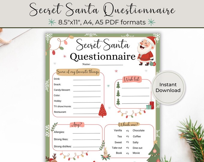Secret Santa Questionnaire, Christmas List Questionnaire, Gift Exchange ...