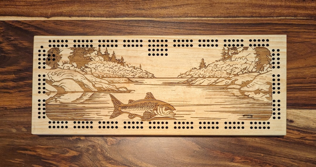 Fish Swimming in a River, 2 Track Cribbage Board - Laser Engraved ...