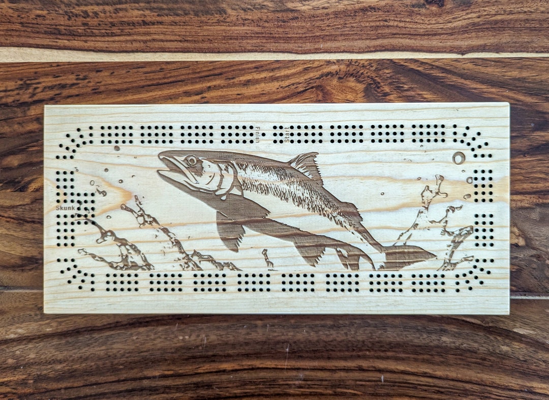 Fish Jumping Out of a River, 3 Track Cribbage Board - Laser Engraved ...