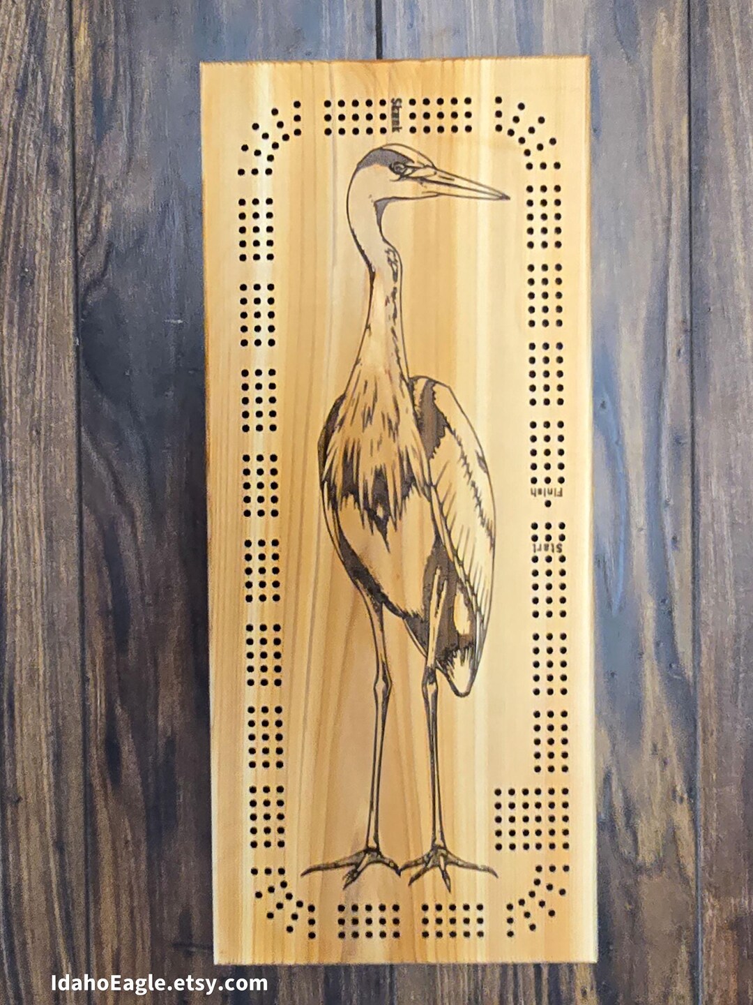 Heron, 3 Track Cribbage Board - Laser Engraved Pine Wood. Comes With ...