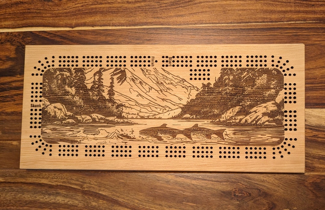 2 Fish Swimming in a River, 3 Track Cribbage Board - Laser Engraved ...