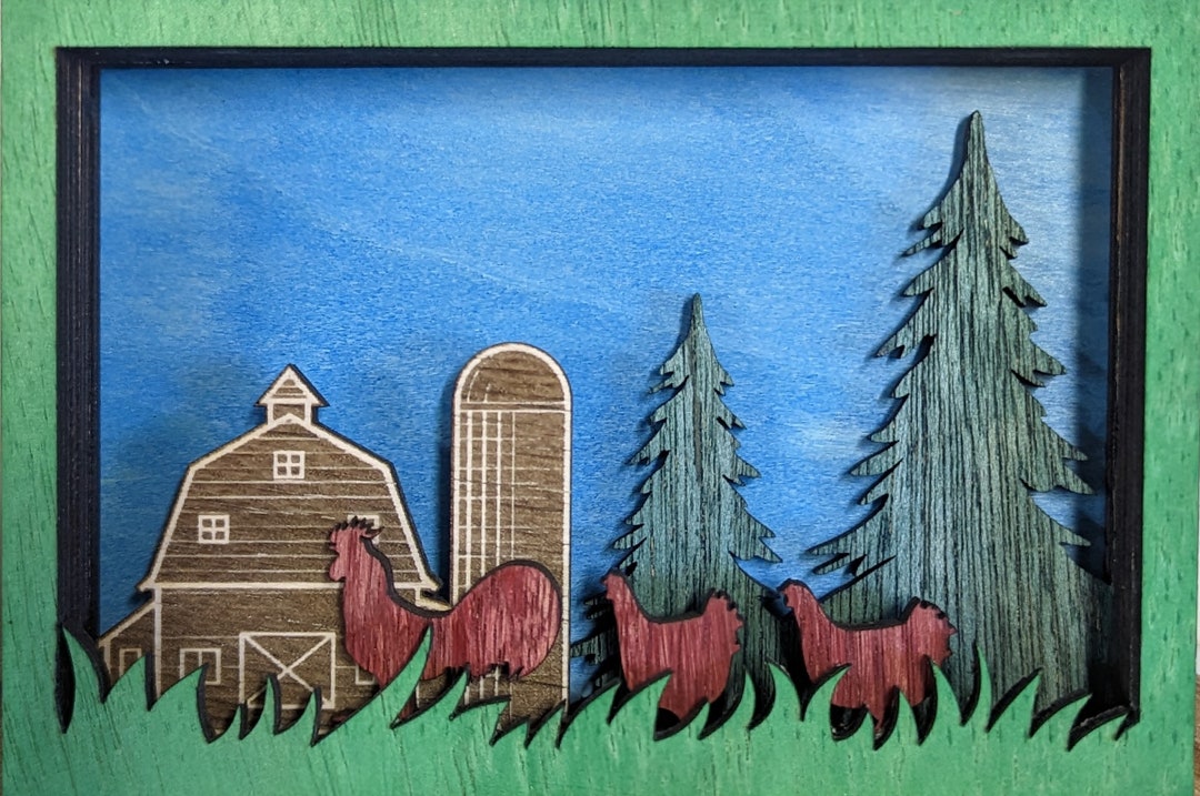 Chickens, Farmhouse & Trees 3D Shadow Box - Etsy
