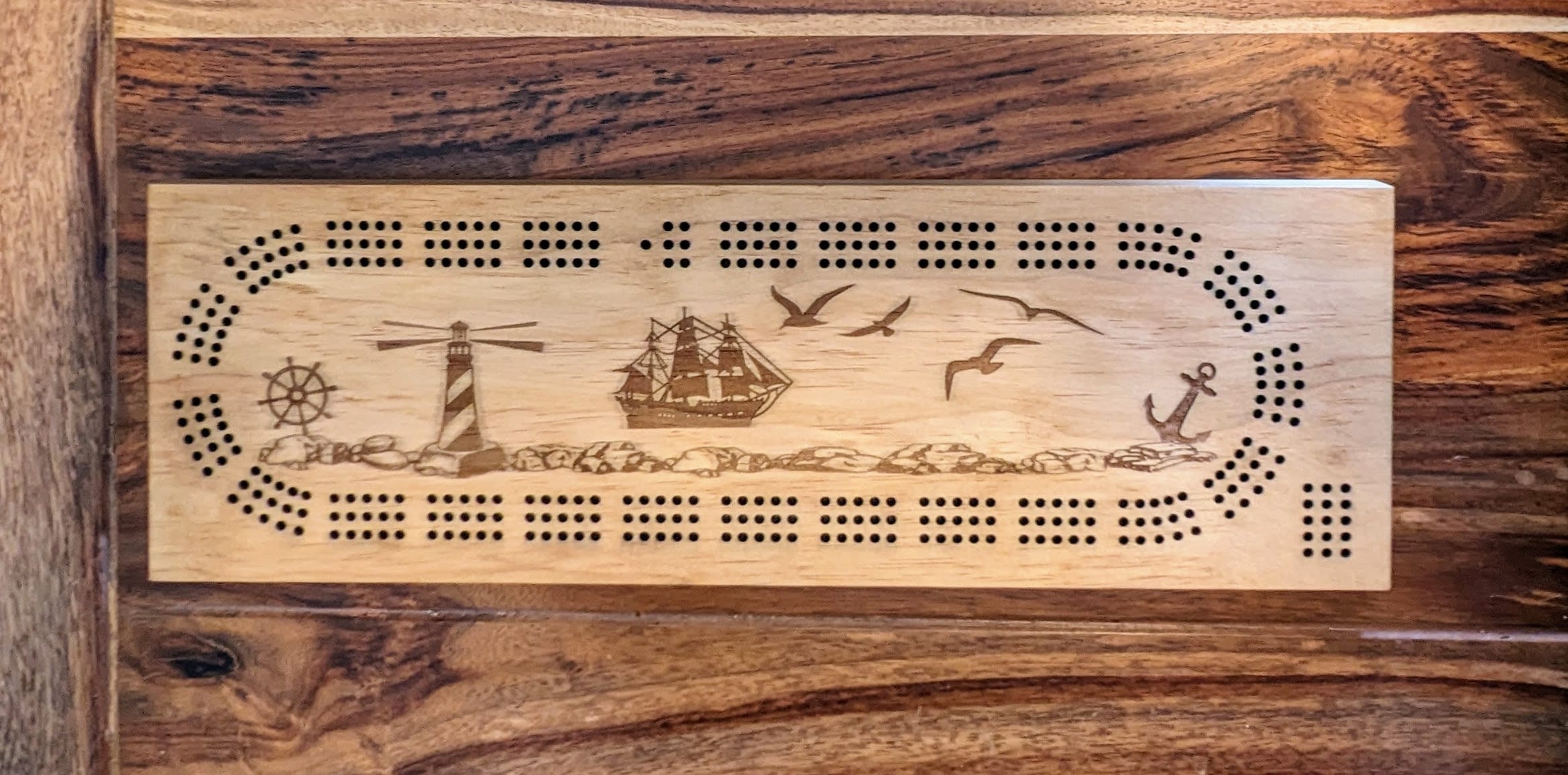 Nautical Themed 3 Track Cribbage Board With a Lighthouse and Ship on ...