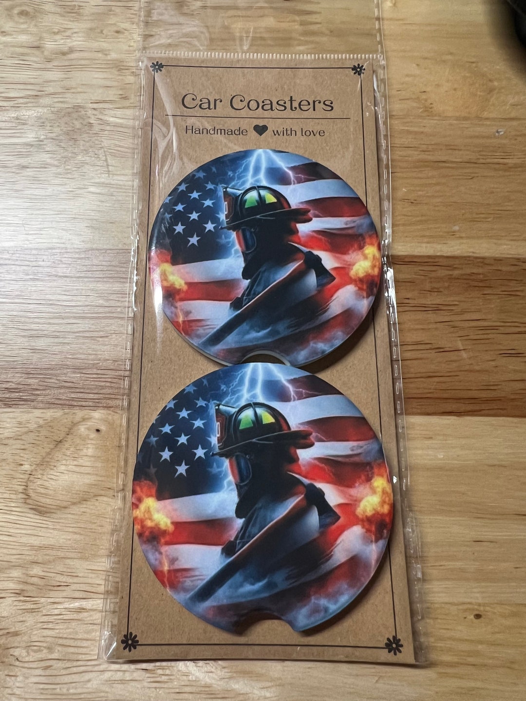 American Flag Lightning Fire Fighter Round Absorbent Ceramic Sandstone ...