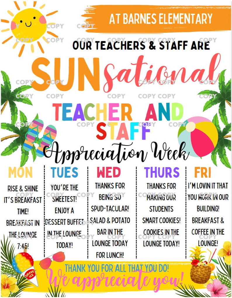 Teacher and Staff Appreciation Weekly Menu Sun Themed Week Editable ...