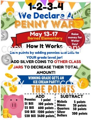 Penny Wars Flyer Elementary School Fundraiser 1, 2, 3, 4 Editable ...