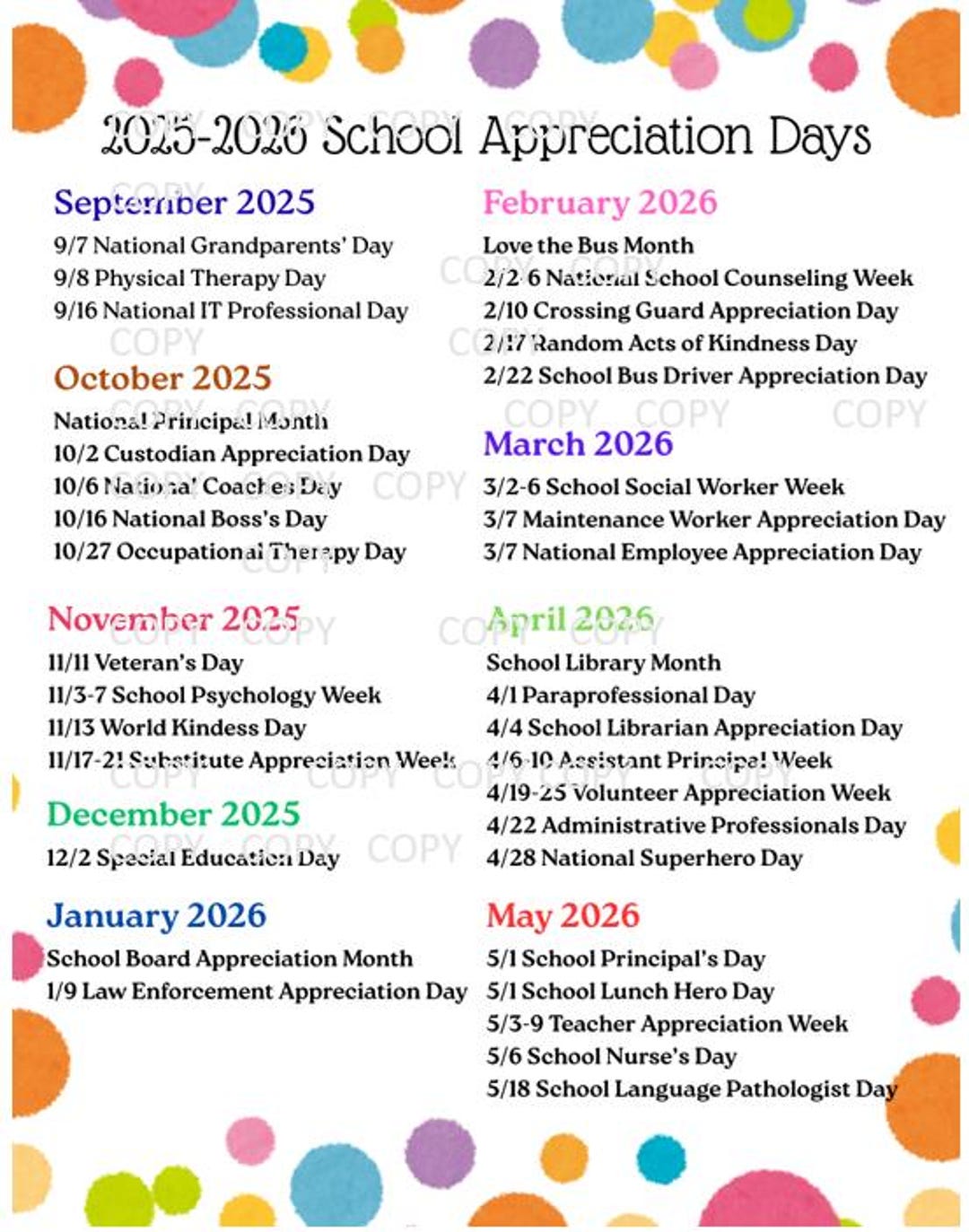 2025-2026 School Appreciation Days Celebrations Days for Elementary ...