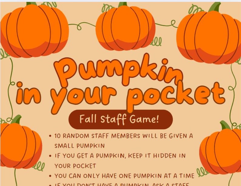 Pumpkin in Your Pocket Fun Fall Game for Staff- Elementary Middle or ...