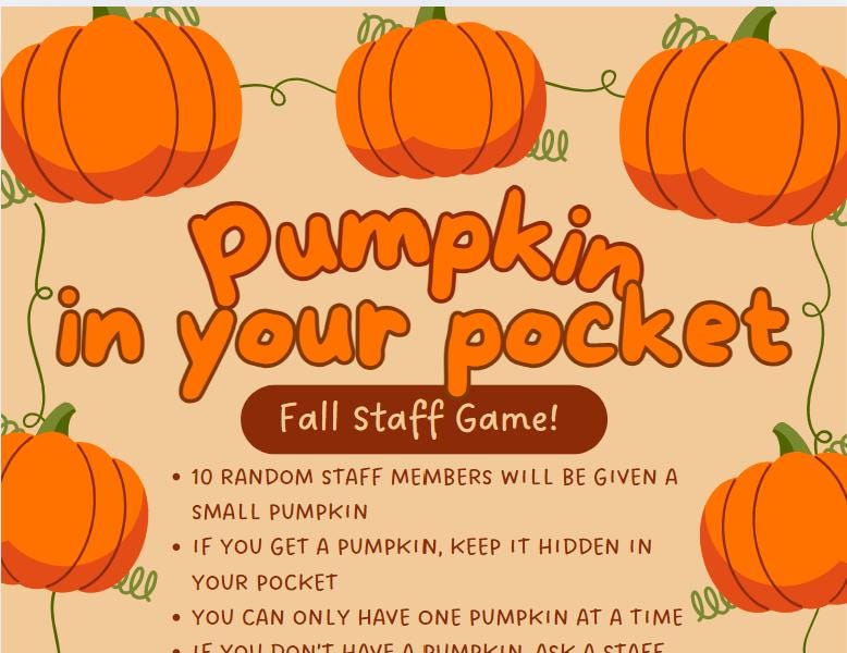 Pumpkin in Your Pocket Fun Fall Game for Staff- Elementary Middle or ...