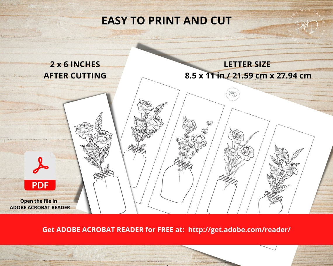 Flower Vase Coloring Bookmarks, Printable Bookmarks to Color, Floral ...
