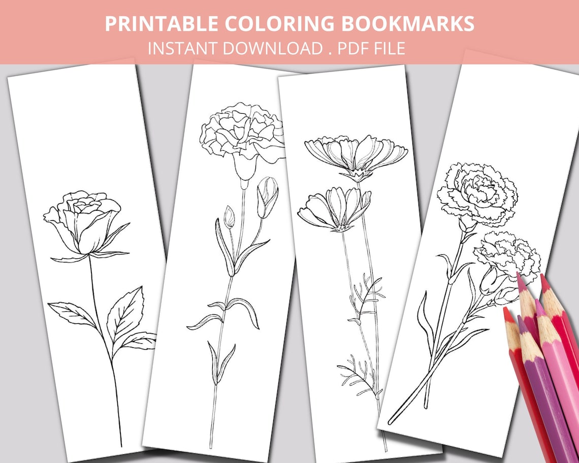 Printable Flower Coloring Bookmarks, Floral Bookmark Set of 4, Kids and ...