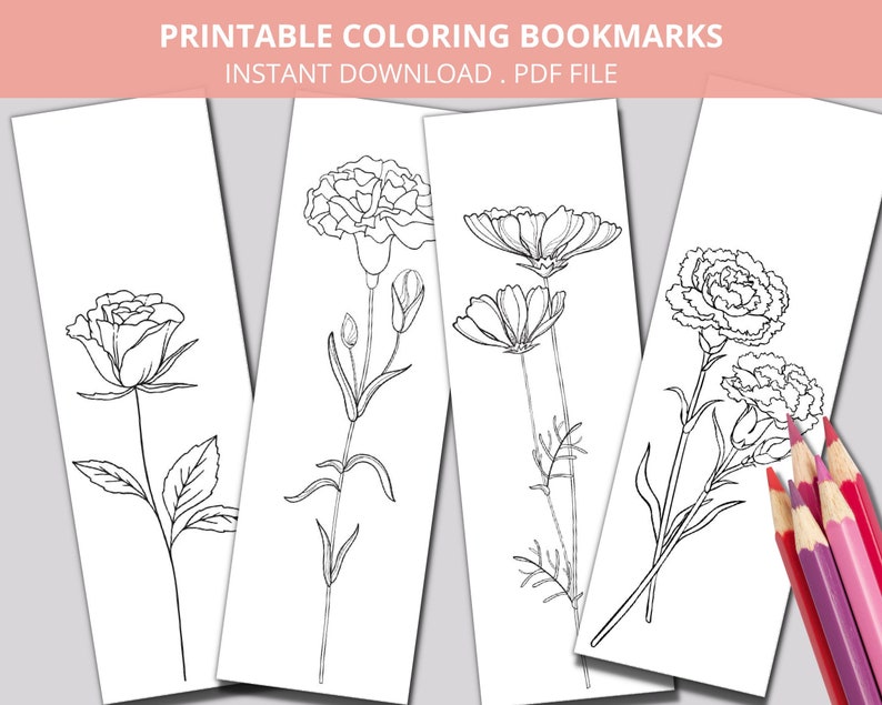 Printable Flower Coloring Bookmarks, Floral Bookmark Set of 4, Kids and ...
