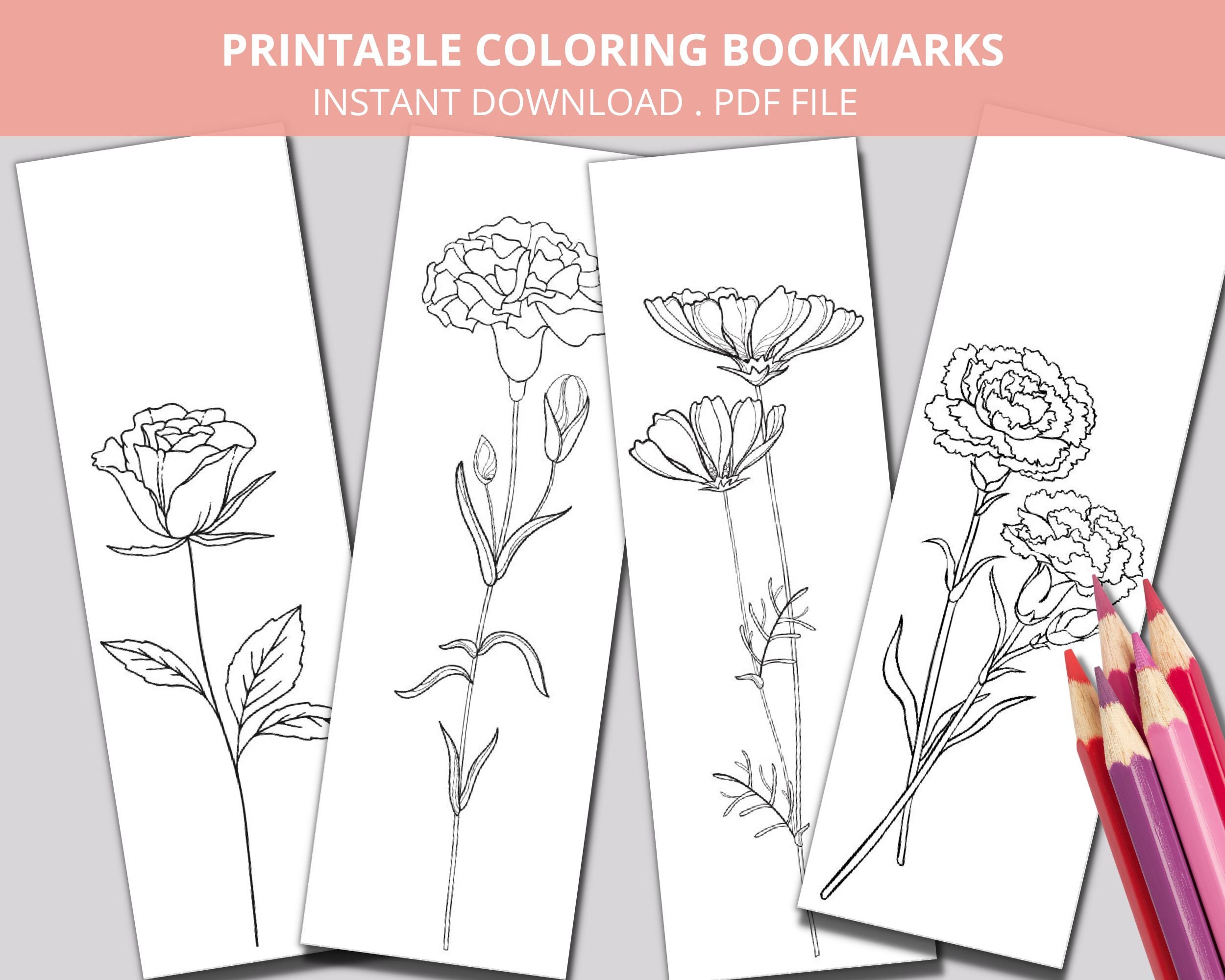 Printable Flower Coloring Bookmarks, Floral Bookmark Set of 4, Kids and ...