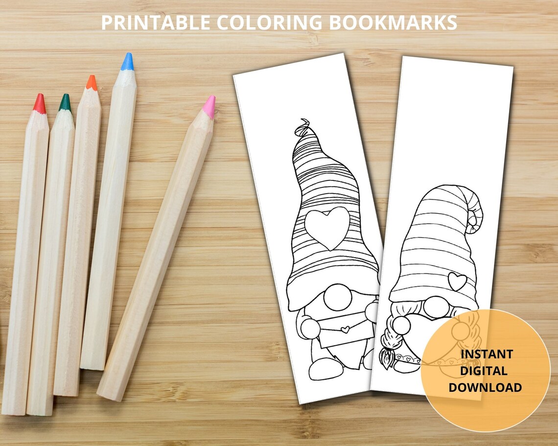 Valentine's Day Coloring Bookmarks, Printable Valentine Gnomes Coloring ...