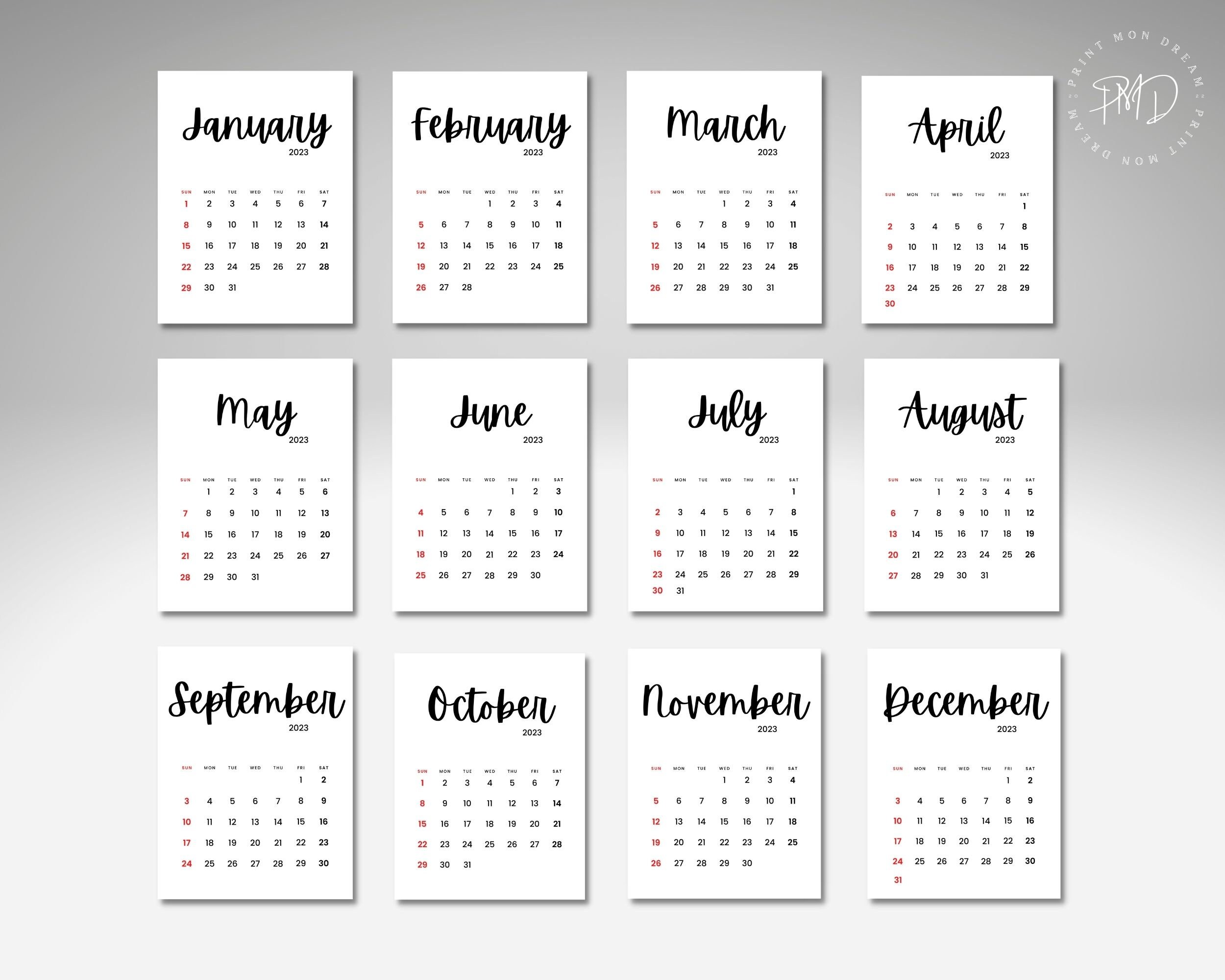 Printable Calendar 2023 Digital Calendar Monthly Wall - Etsy