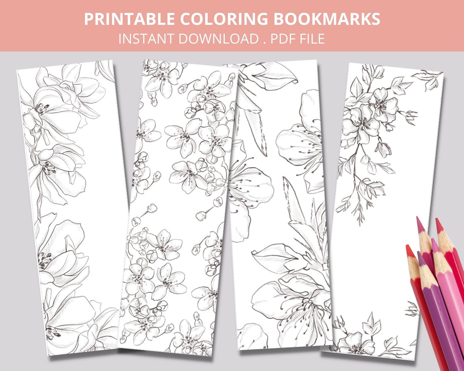 Printable Coloring Floral Bookmarks, Spring Coloring Bookmarks Set ...