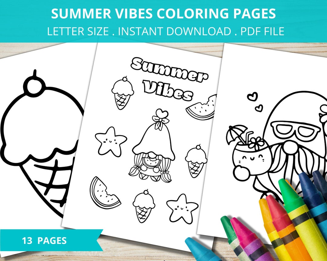 Summer Vibes Printable Coloring Pages, Summer Gnome Coloring Book, Cute ...