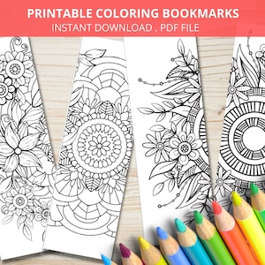 Flower Coloring Bookmarks, Printable Floral Mandala Colouring Page, Set ...