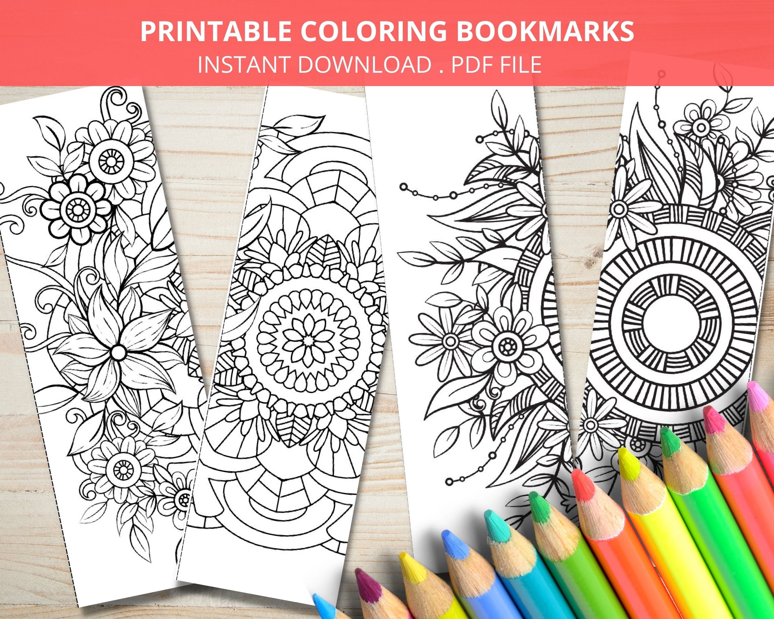 Flower Coloring Bookmarks, Printable Floral Mandala Colouring Page, Set ...